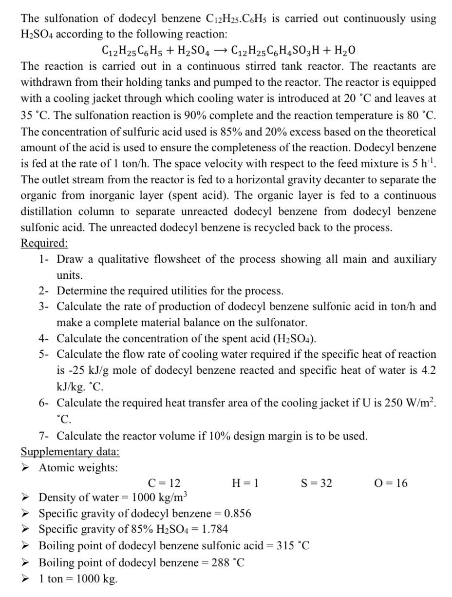 Solved The sulfonation of dodecyl benzene C12H25.C Hs is | Chegg.com