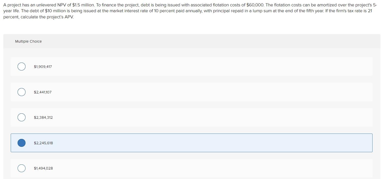 Solved A project has an unlevered NPV of $1.5 million. To | Chegg.com