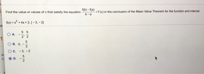 Solved Find the value or values of c that satisfy the | Chegg.com