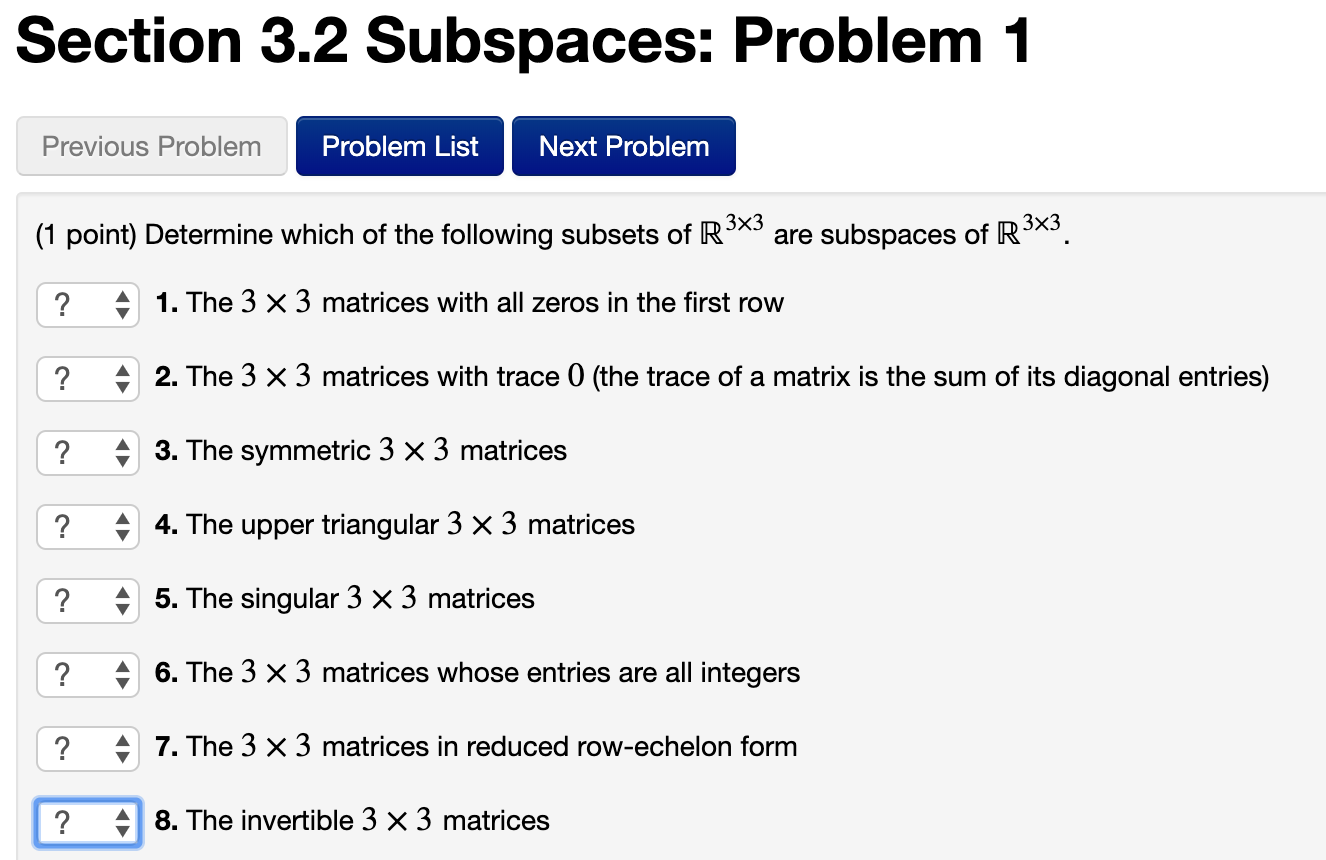 Solved Section 3.2 Subspaces: Problem 1 Previous Problem | Chegg.com