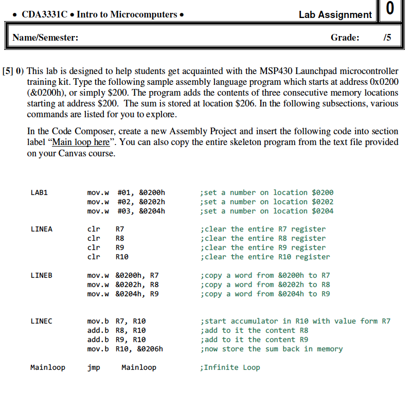 0 Cda3331c • Intro To Microcomputers • Lab Assignment 