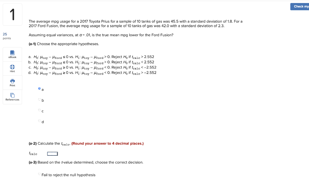 Solved Check my The average mpg usage for a 2017 Toyota | Chegg.com