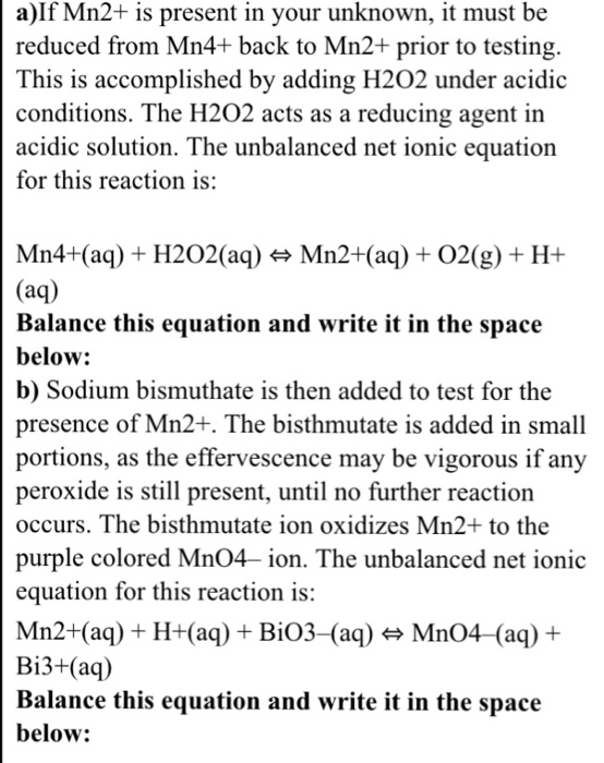 Solved a)If Mn2+ is present in your unknown, it must be | Chegg.com