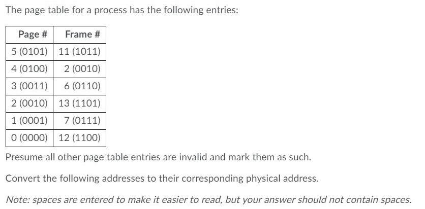 Solved The page table for a process has the following | Chegg.com