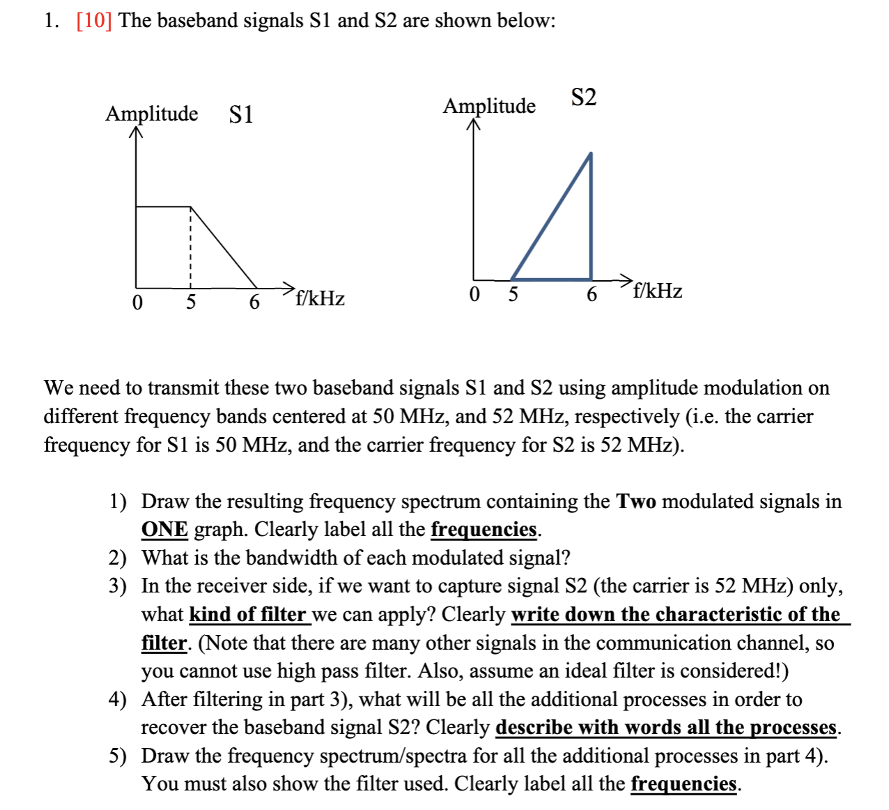 1. [10] ﻿The baseband signals S1 ﻿and S2 ﻿are shown | Chegg.com