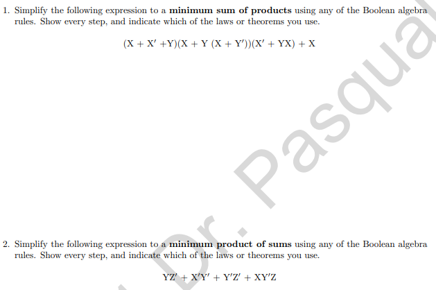 Solved 1. Simplify the following expression to a minimum sum | Chegg.com