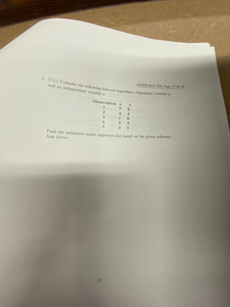 Solved 3. [C11] Consider the following data set regrard and | Chegg.com