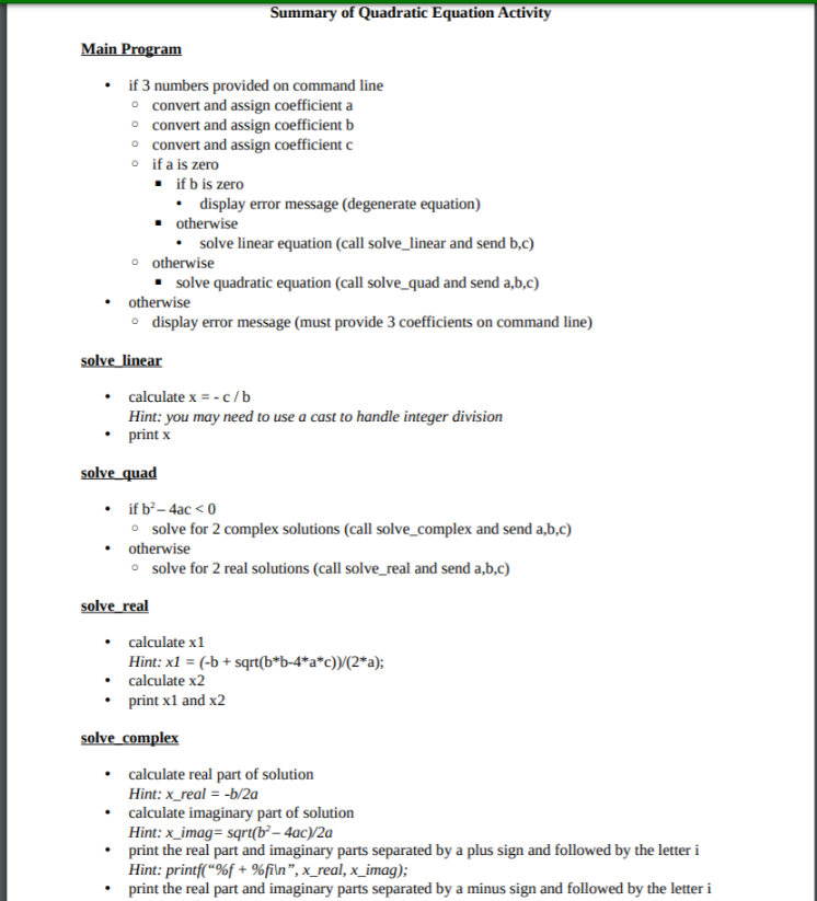 Solved clanguage) Summary of Quadratic Equation Activity | Chegg.com