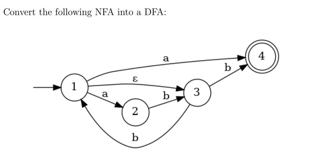 Solved Convert the following NFA into a DFA: a 4 b દ 1 а b 3 | Chegg.com