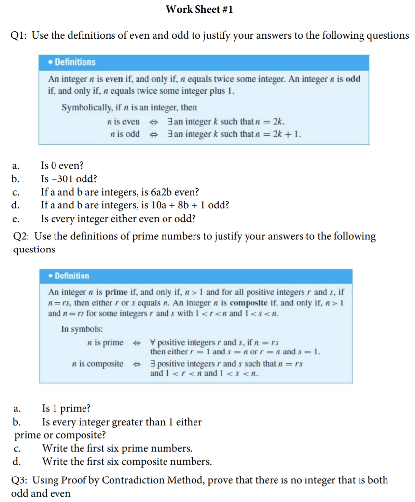 Solved Work Sheet #1 Q1: Use the definitions of even and odd | Chegg.com