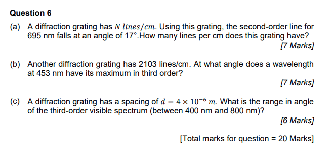 Solved Question 6 (a) A diffraction grating has N lines/cm. | Chegg.com