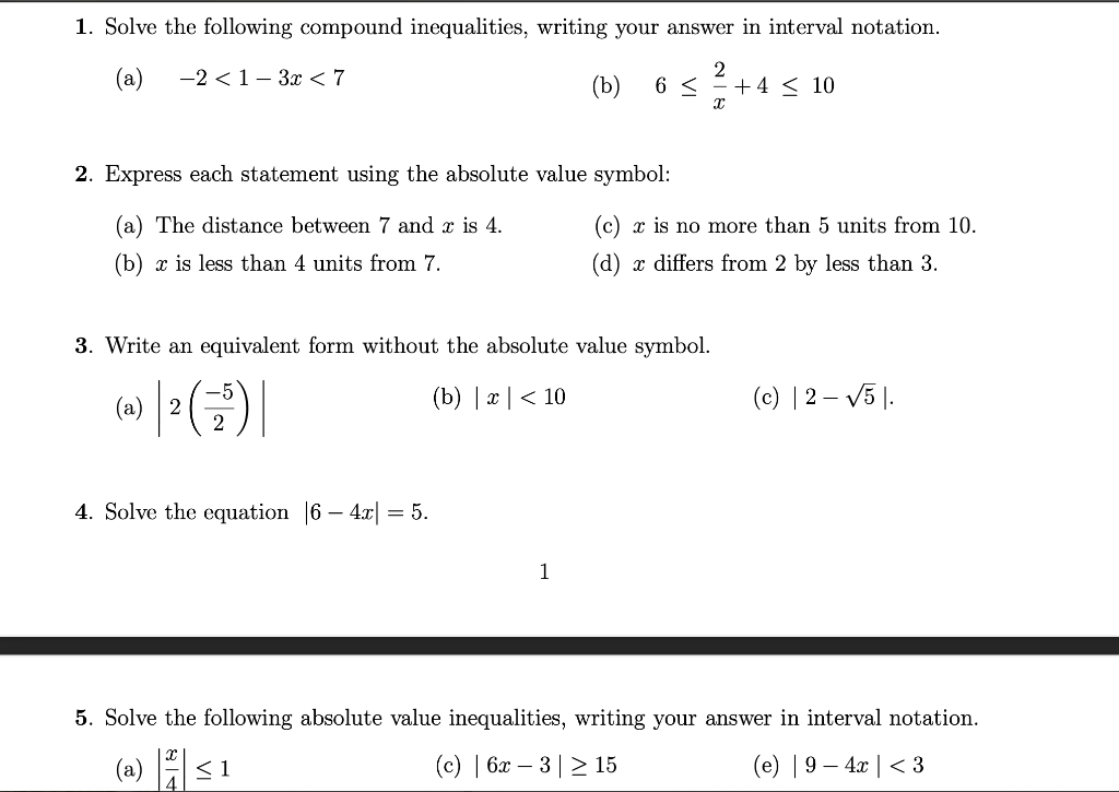 Solved 1. Solve the following compound inequalities, writing | Chegg.com