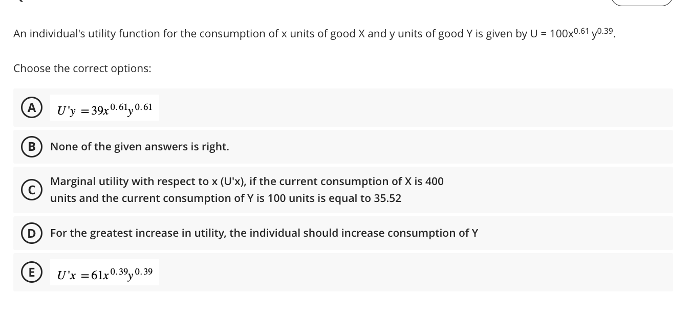 Solved An individual's utility function for the consumption | Chegg.com