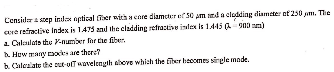 Solved Consider a step index optical fiber with a core | Chegg.com