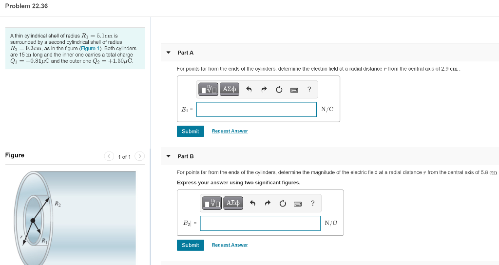 Solved Problem 22.36 A thin cylindrical shell of radius R1 = | Chegg.com