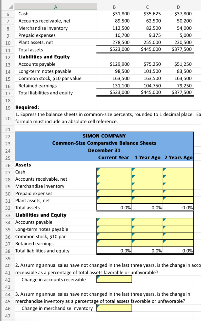 Solved give me the excel formulas for each box if possible | Chegg.com