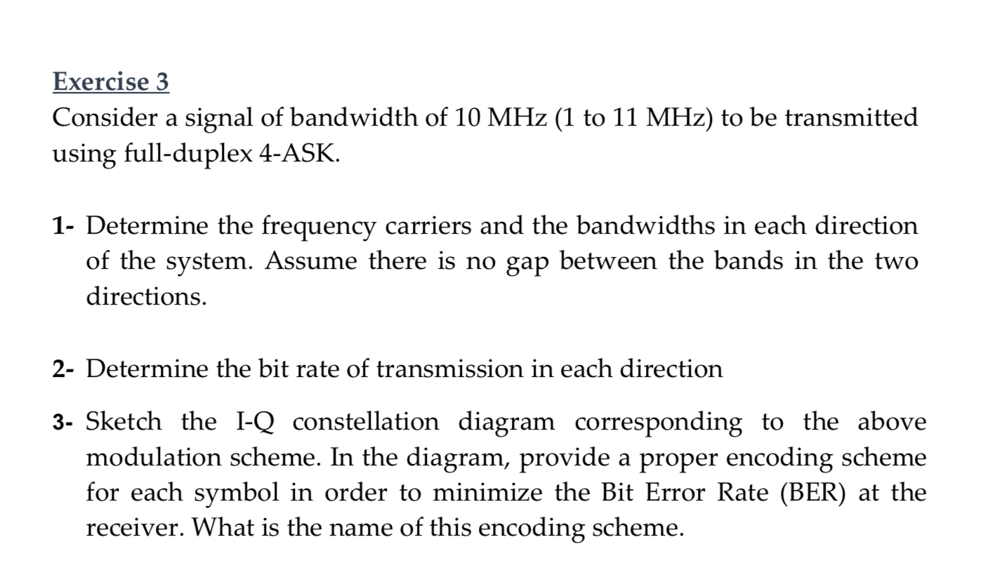 Exercise 3 Consider a signal of bandwidth of 10 MHz | Chegg.com