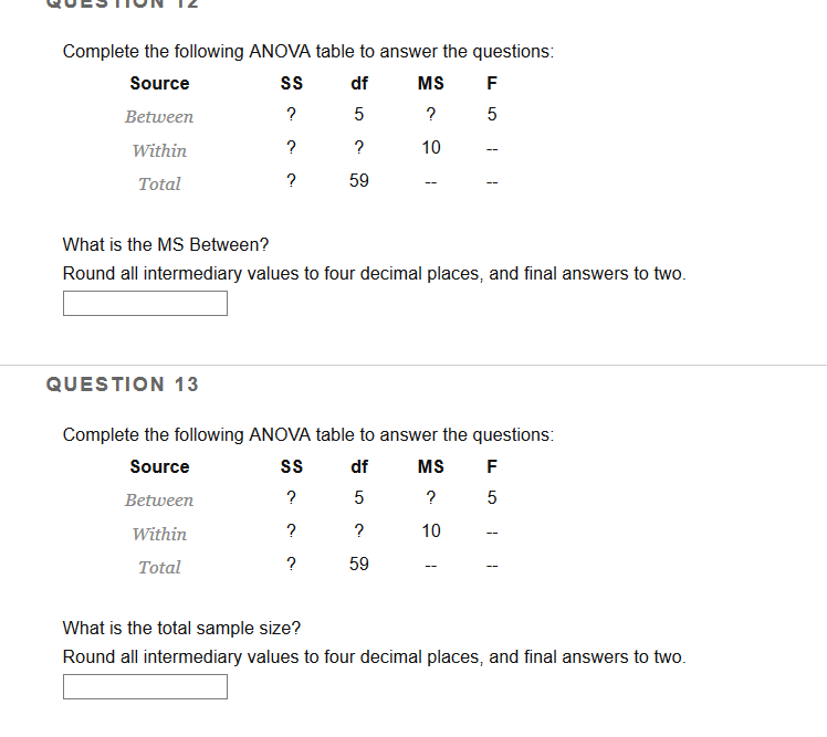 Solved Complete the following ANOVA table to answer the | Chegg.com