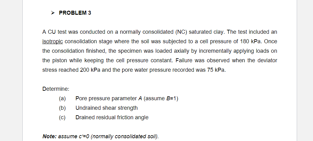 Solved PROBLEM 3 A CU test was conducted on a normally | Chegg.com