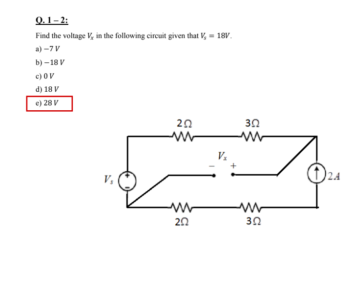 Solved Q 1 2 Find The Voltage Vx In The Following Circuit 1325