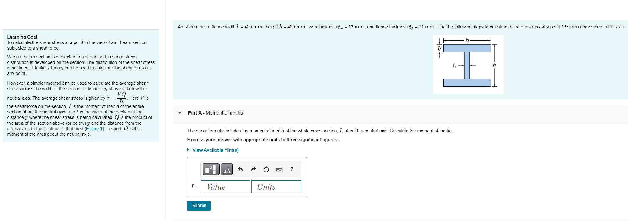 Solved An I-beam has a flange width b=400 mm, height h=400 | Chegg.com