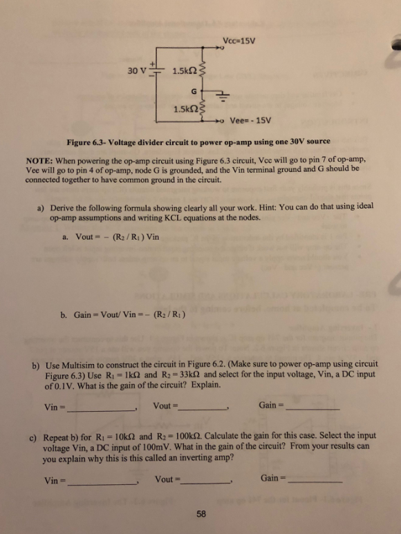 Solved Vcc 15V 30 V 1.5k 1.5k2s Vee- 15V Figure 6.3- Voltage | Chegg.com