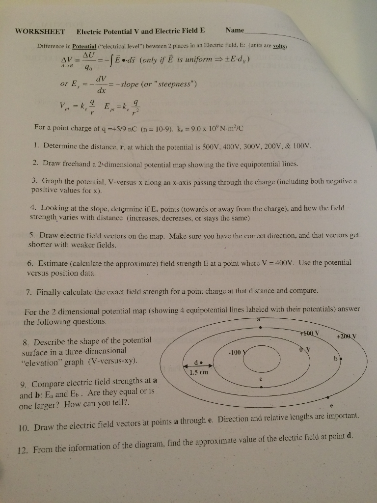 Solved WORKSHEET Electric Potential V and Electric Field E | Chegg.com