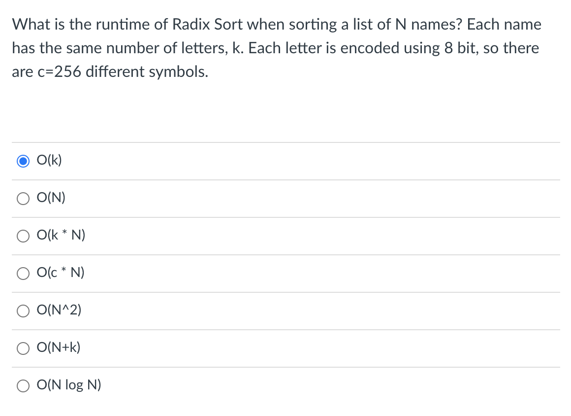 Solved What is the runtime of Radix Sort when sorting a list | Chegg.com