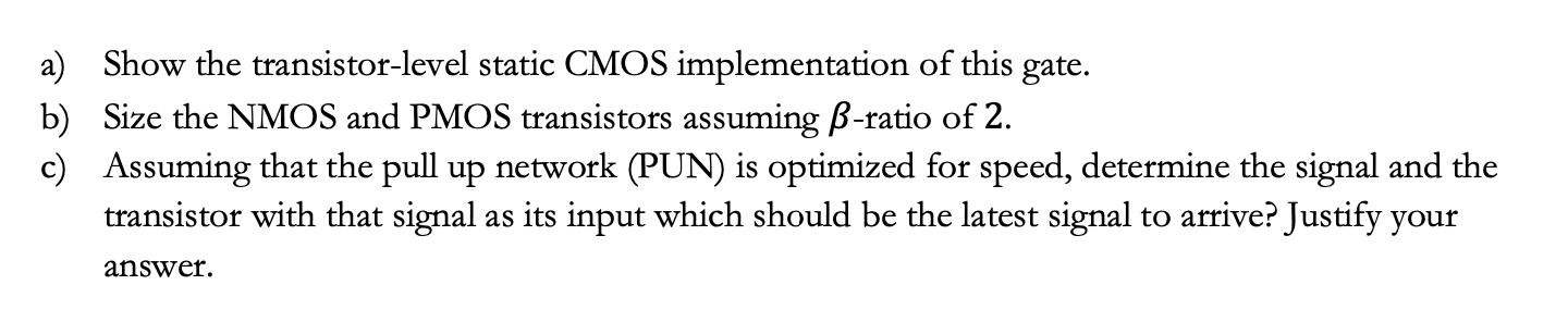 Solved Consider a complex static CMOS gate realizing the | Chegg.com