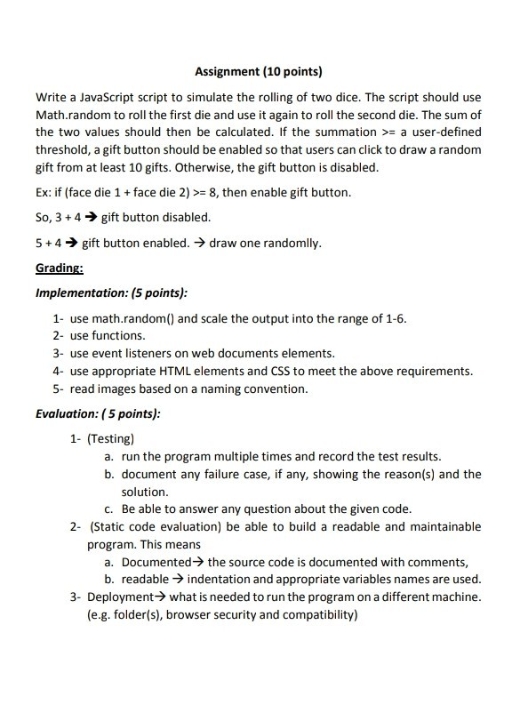 Solved Assignment (10 points) Write a JavaScript script to | Chegg.com