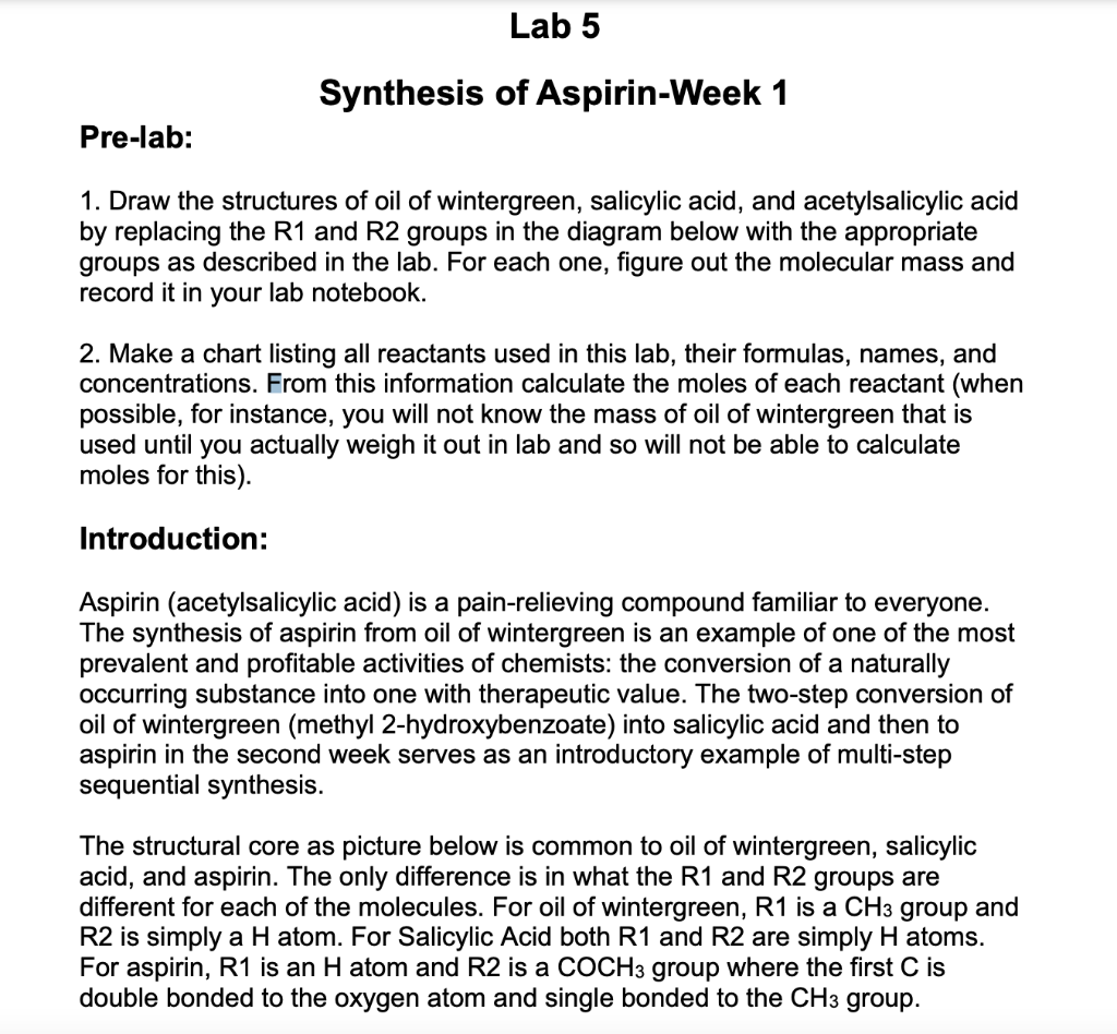 Solved Lab 5 Synthesis of Aspirin-Week 1 Pre-lab: 1. Draw | Chegg.com