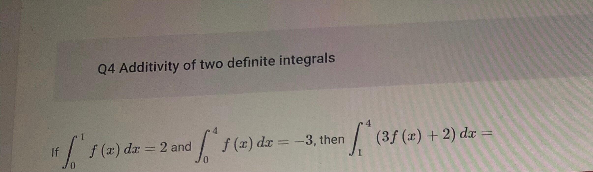 Solved Q4 Additivity of two definite integrals If [ f() dx = | Chegg.com