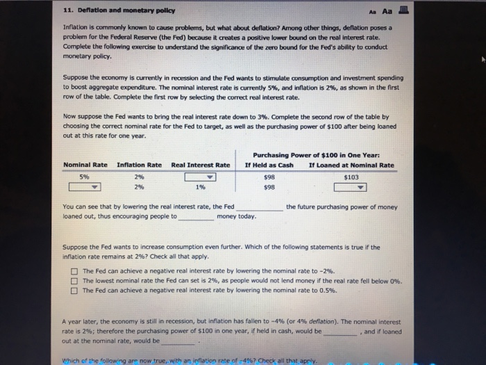 Solved 11. Deflation and monetary policy Aa Aa Inflation is | Chegg.com