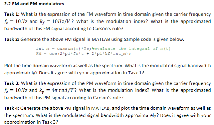 Solved 2.2 ﻿FM and PM modulatorsTask 1: What is the | Chegg.com