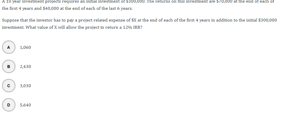 Solved A 10 year investment projects requires an initial | Chegg.com