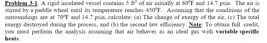 Solved Problem 3-1. A rigid insulated vessel contains 5ft3 | Chegg.com