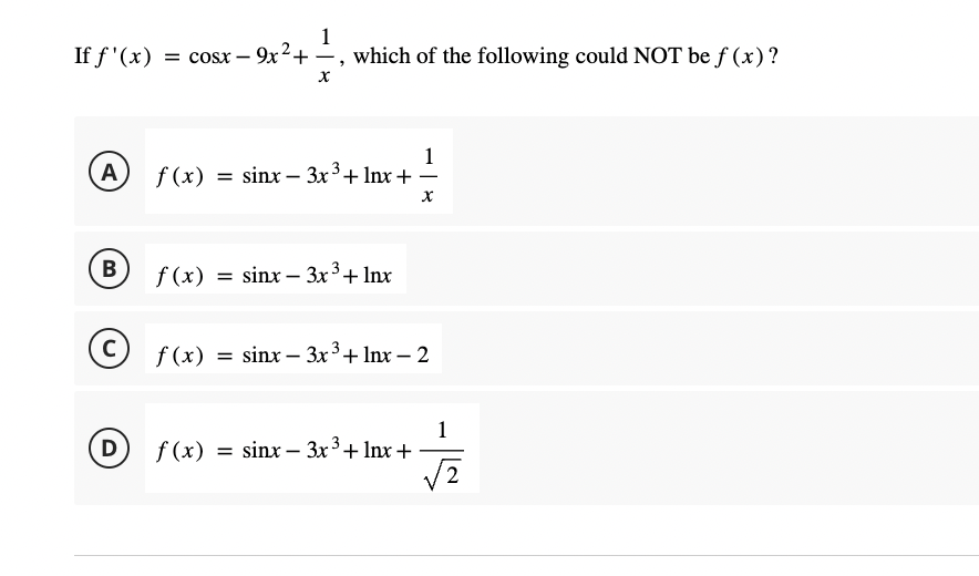 Solved If f′(x)=cosx−9x2+x1, which of the following could | Chegg.com