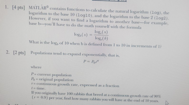 Solved 1 [4 Pts] Matlab Contains Functions To Calculate The