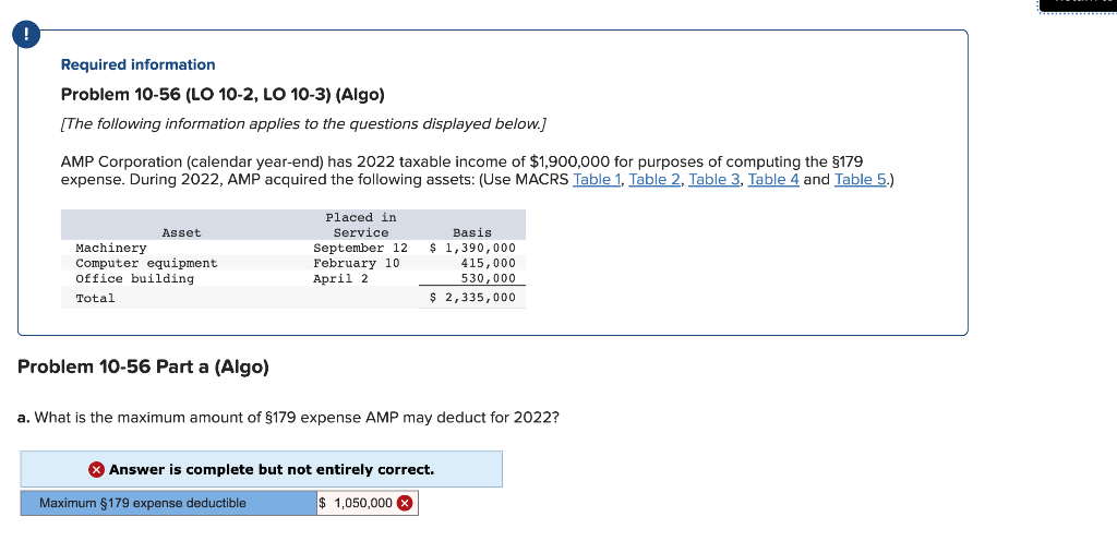 Solved Required information Problem 10-56 (LO 10-2, LO 10-3) | Chegg.com