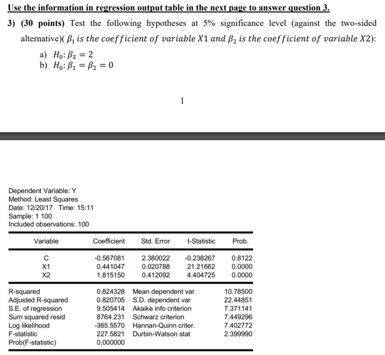 Solved Use the information in regression output table in the | Chegg.com