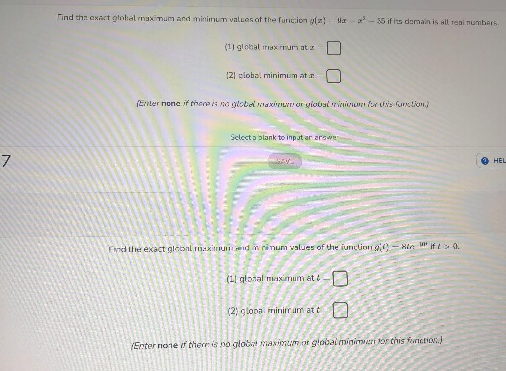 Solved Find the exact global maximum and minimum values of | Chegg.com