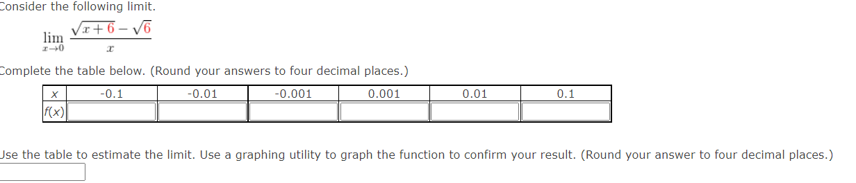 Solved Consider the following limit. limx→0xx+6−6 Complete | Chegg.com