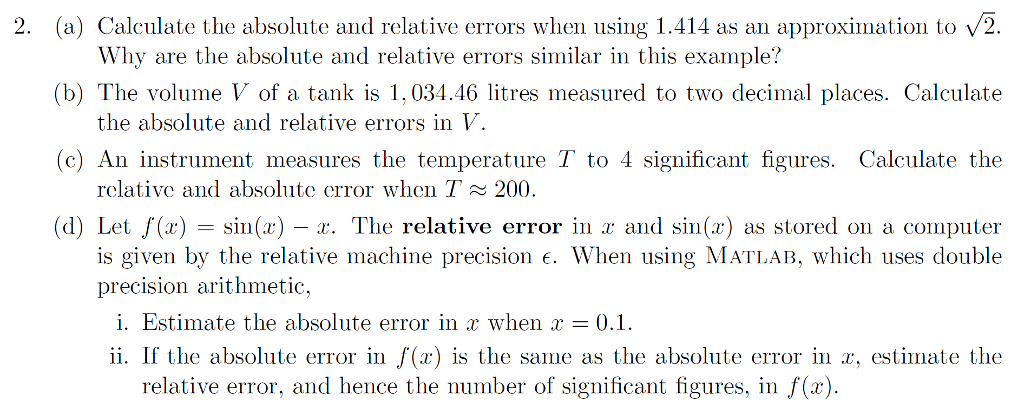 Solved 2. (a) Calculate the absolute and relative errors | Chegg.com