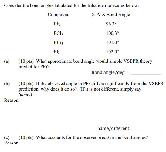 Solved Consider the bond angles tabulated for the trihalide | Chegg.com