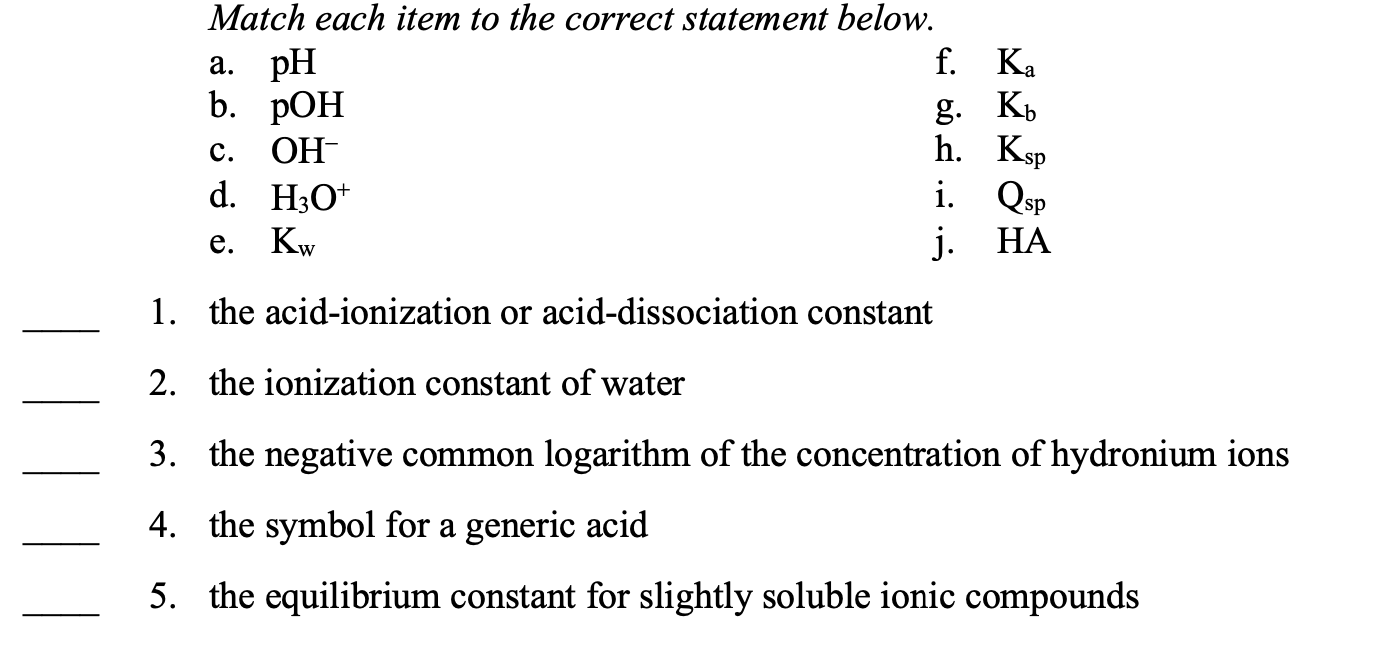 Solved Match each item to the correct statement below. f. Ka | Chegg.com