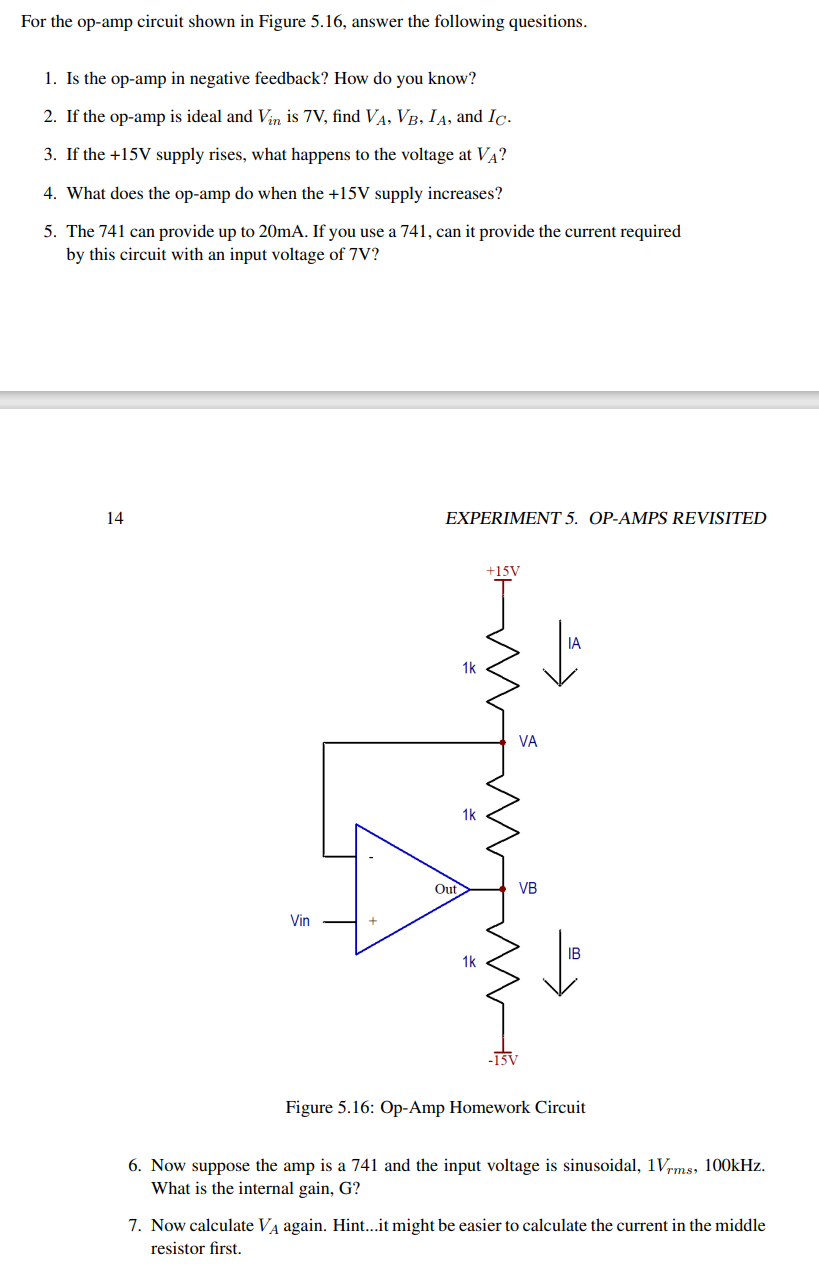Solved For the op-amp circuit shown in Figure 5.16, answer | Chegg.com