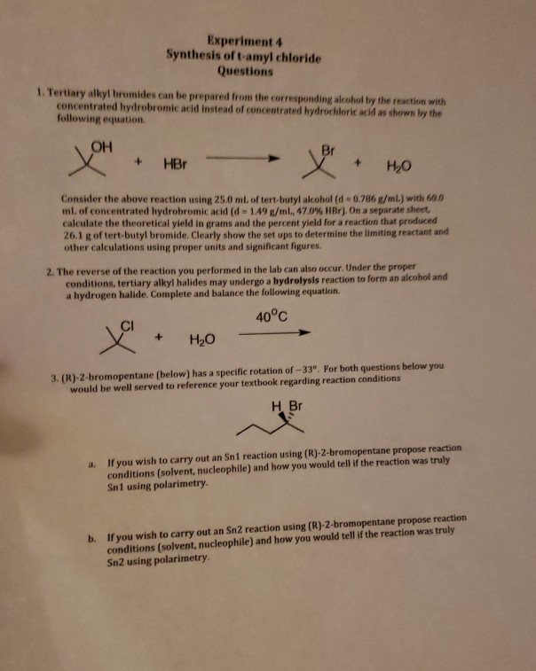 Solved Experiment 4 Synthesis of t-amyl chloride Questions | Chegg.com