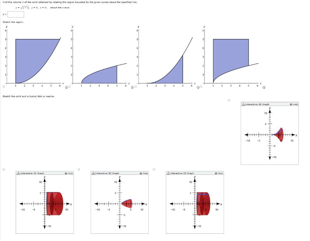 Solved y=x−1,y=0,x=5, about v= Skench the region. Slcetch | Chegg.com