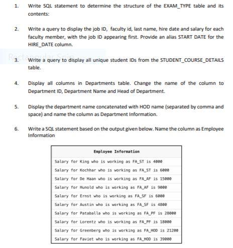 1.Write SQL statement to determine the structure of | Chegg.com