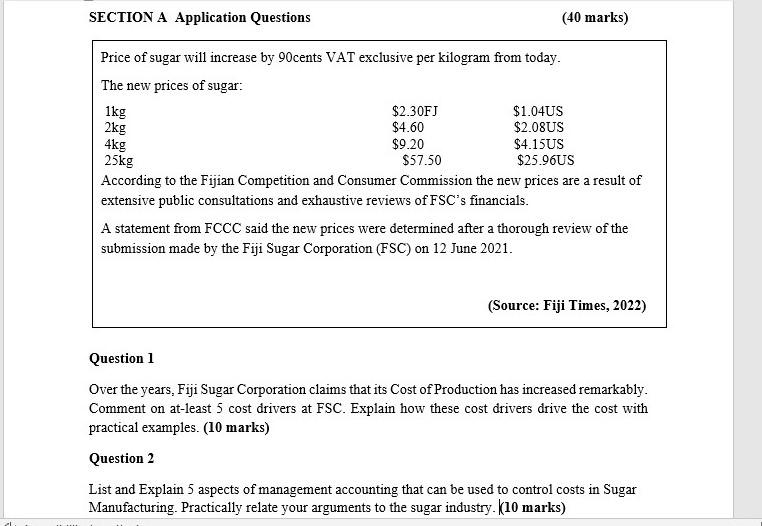 SECTION A Application Questions (40 marks) Price of | Chegg.com